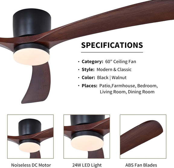 HUMHOLD 60" Flush Mount Ceiling Fan with Lights Remote Control – Humhold